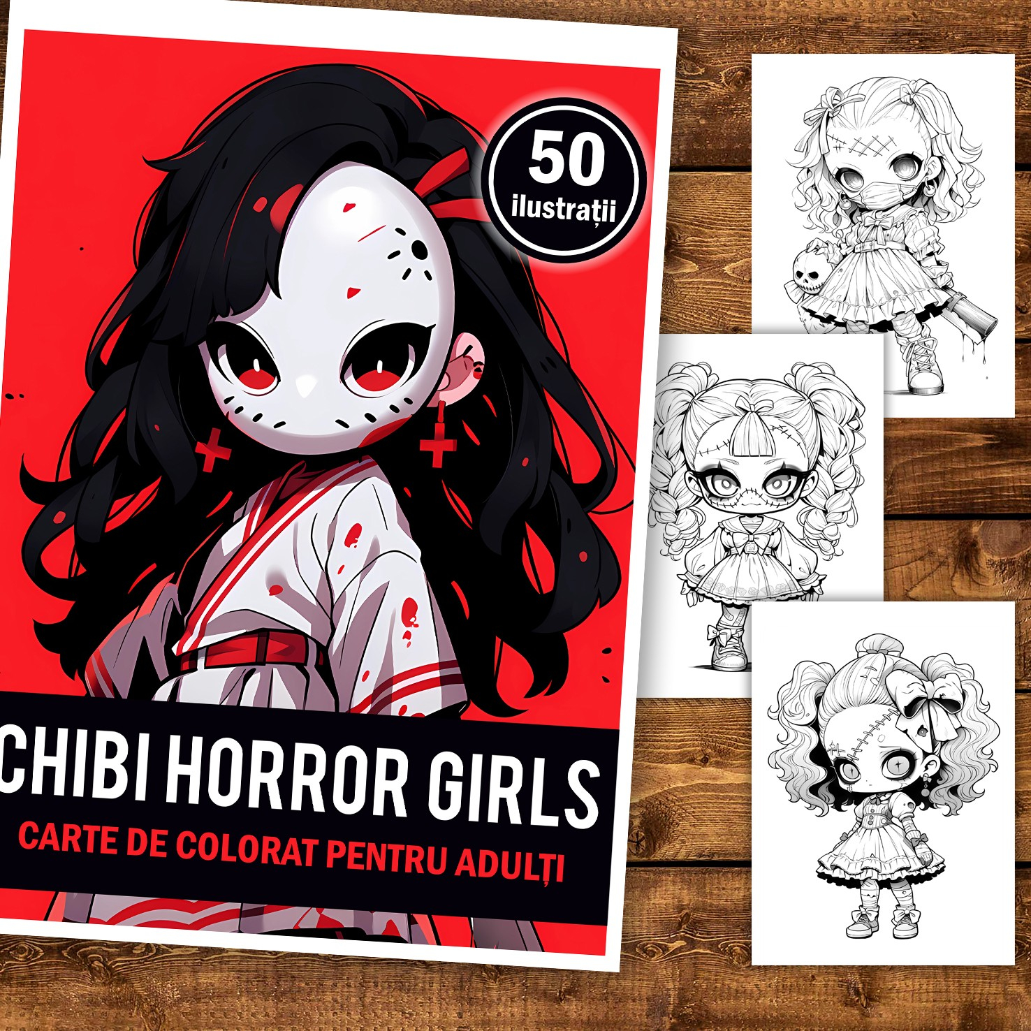 Carte de colorat, 50 de ilustratii, Chibi Horror Girls, 106 pagini