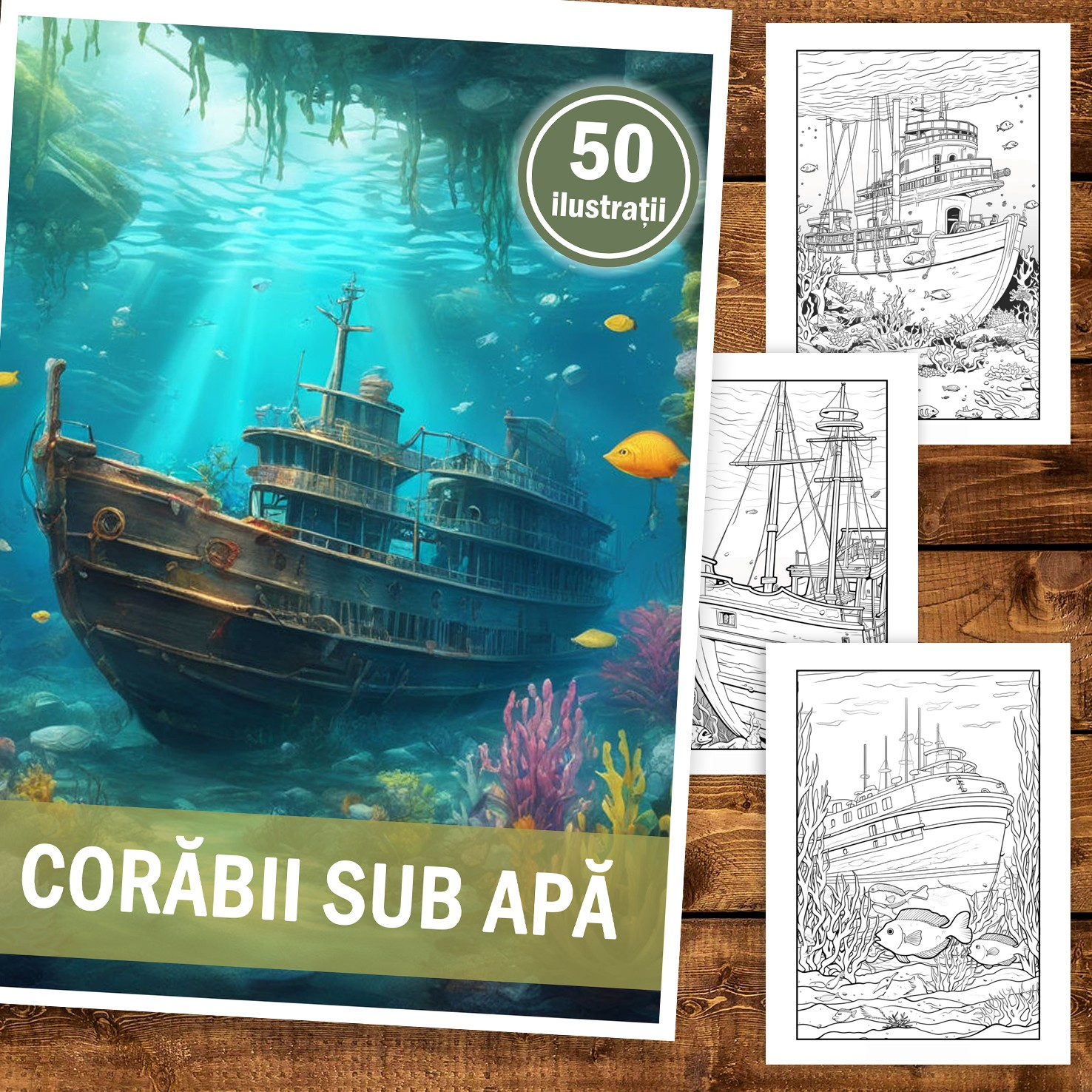 Carte de colorat, 50 de ilustratii, Corabii sub apa, 106 pagini