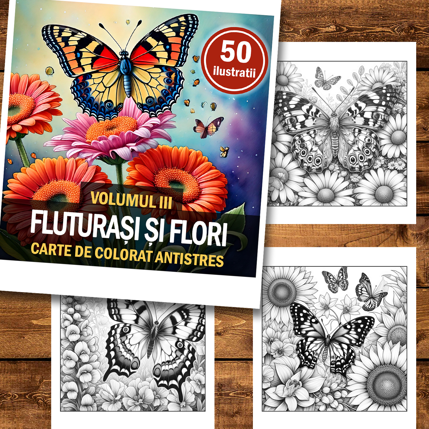 Carte de colorat antistres , 50 de ilustratii Fluturasi si Flori ...