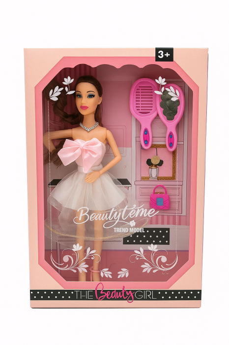 Papusa Beauty Girl 22.5x32.5 cm cu rochie eleganta si accesorii coafat
