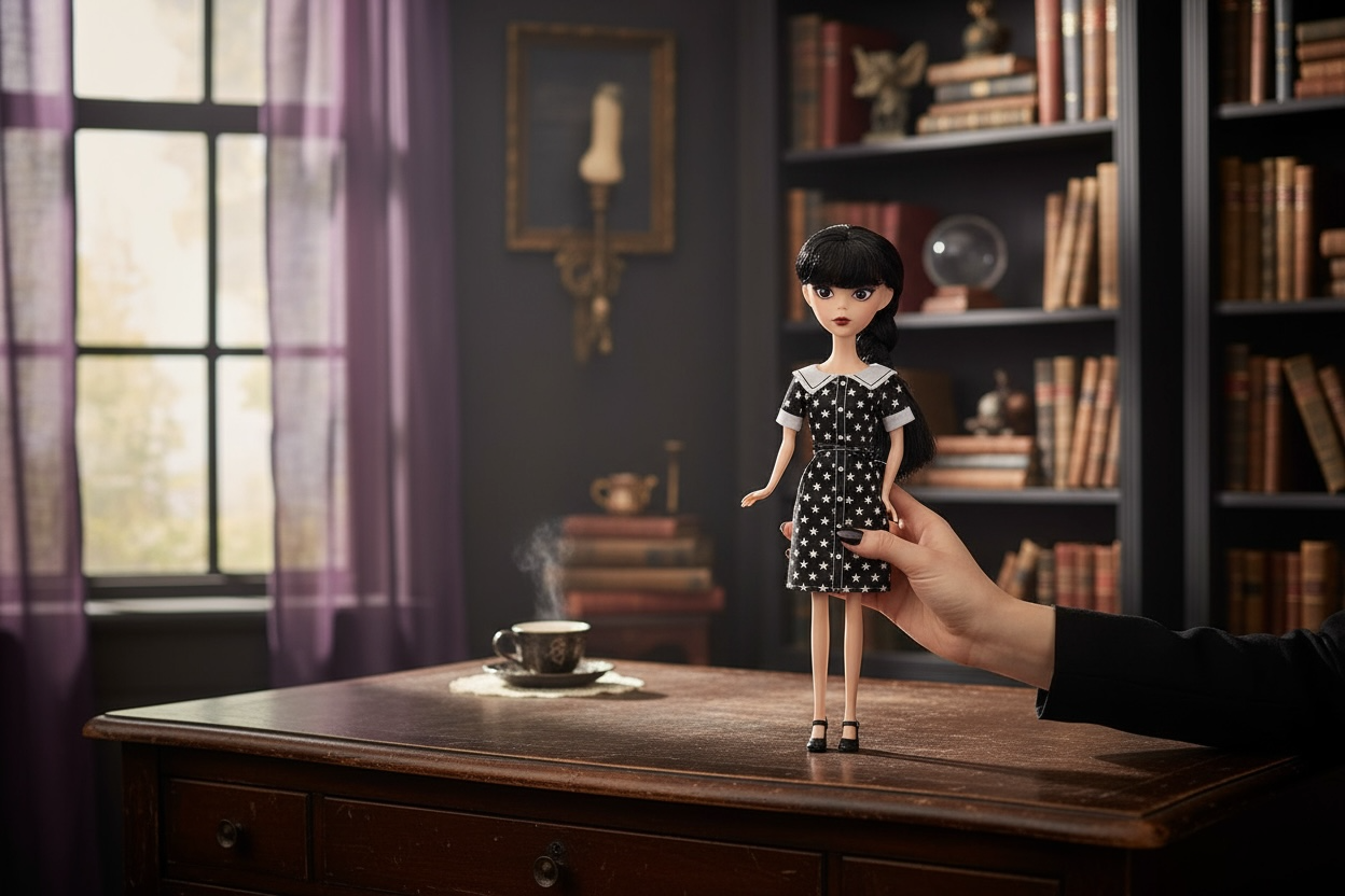 Papusa Wednesday – Addams Family, Rochie cu Stele, 31x13 cm