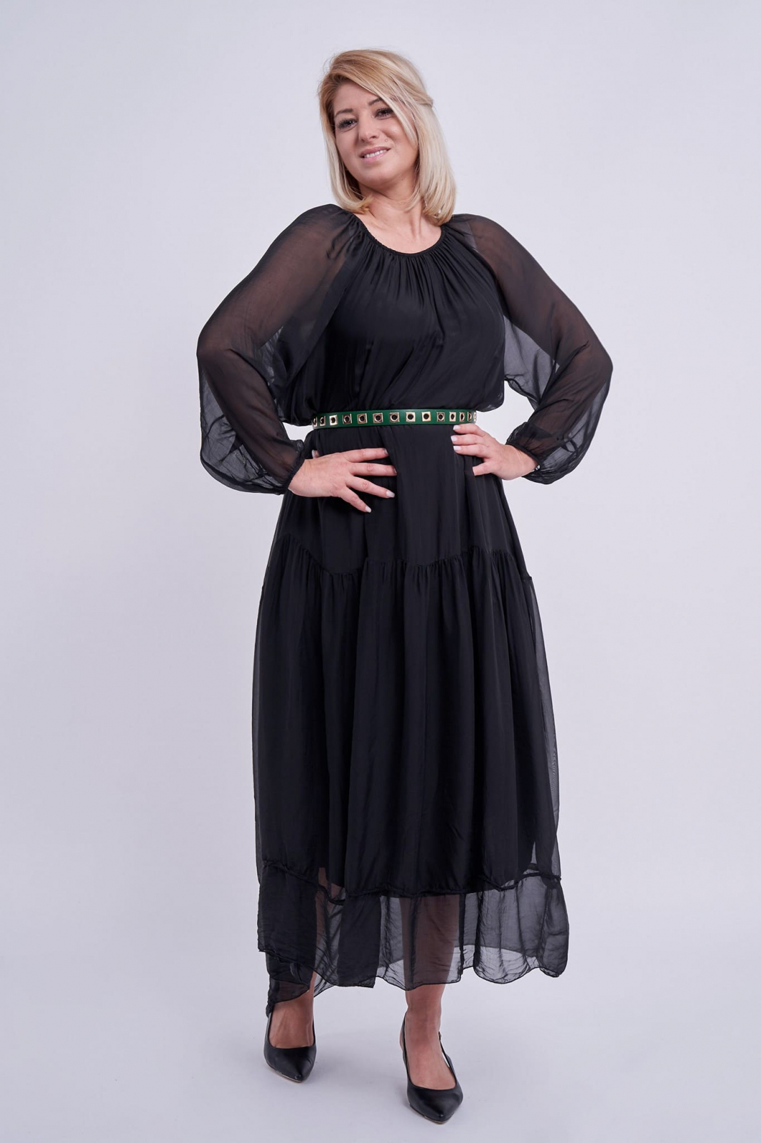 Rochie neagra din matase naturala cu maneca lunga si volane [1]