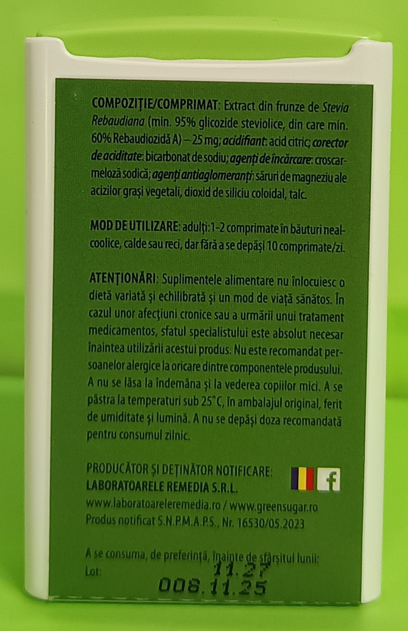 INDULCITOR GREEN SUGAR DISPENSER 300 comprimate Remedia la Nana Plafar