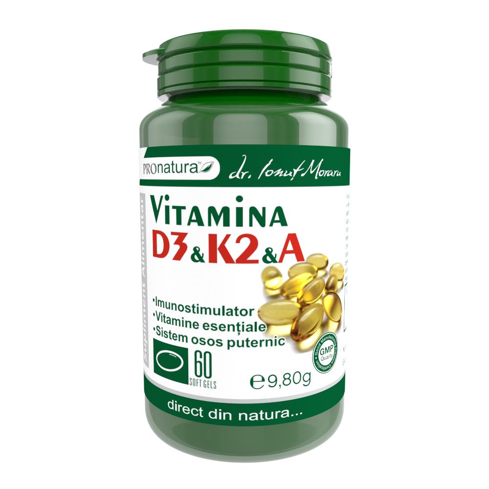 Vitamina D3 K2 A, 60 capsule gelatinoase Pro Natura Medica la Nana Plafar